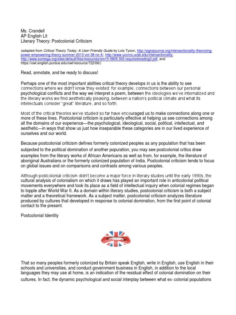 AP Eng Lit Postcolonial Criticism | PDF | Postcolonialism | Colonialism