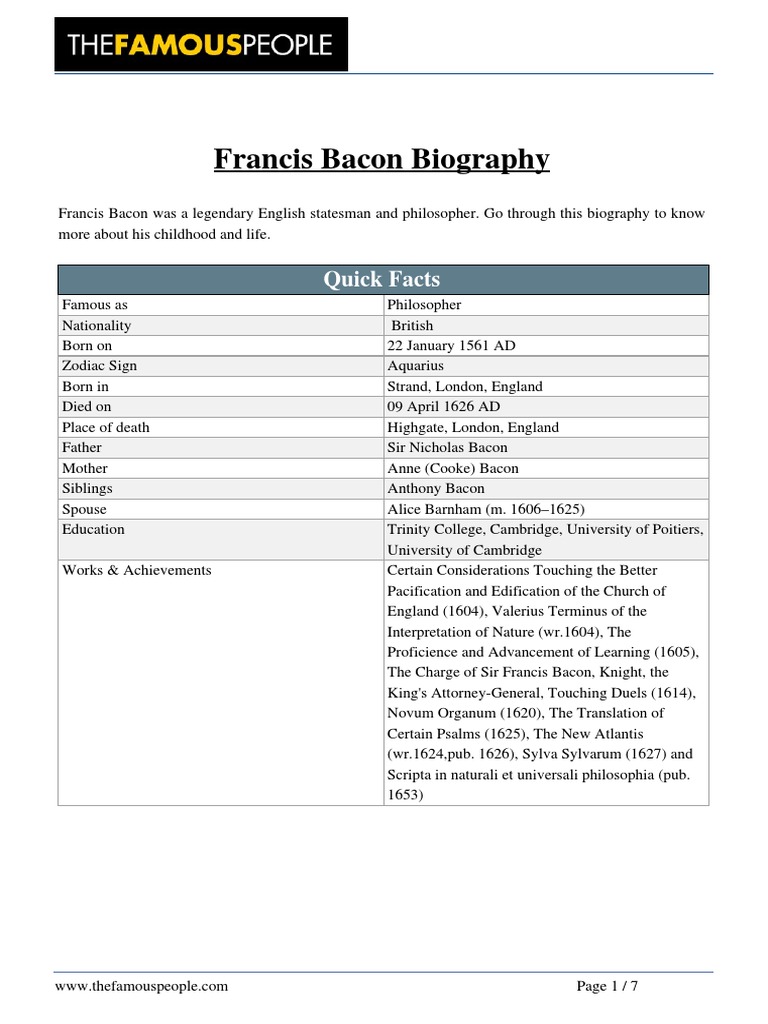 Francis Bacon Biography: Quick Facts | PDF | Francis Bacon | Science