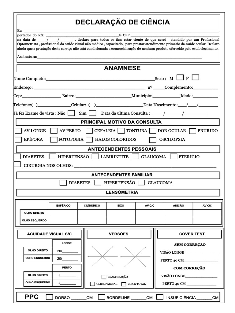 FICHA DE ATENDIMENTO OPTOMETRIA | Olho | Glaucoma