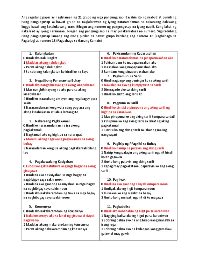 BDI Tagalog Tool For Survey | PDF
