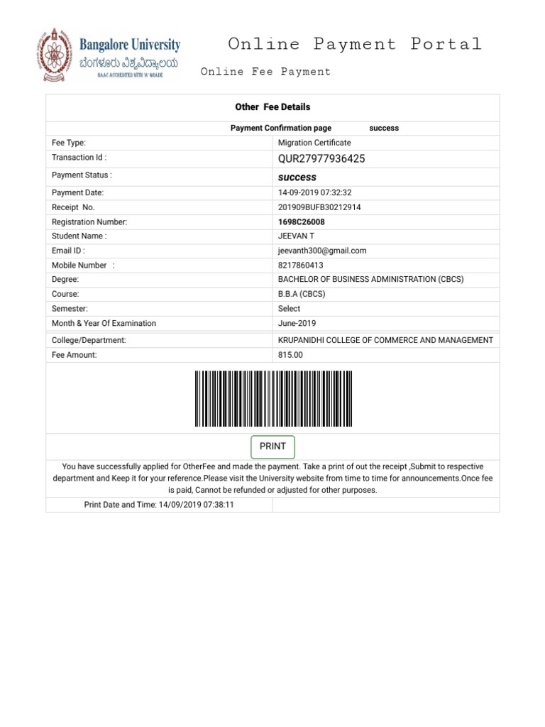 Bangalore University | PDF | Fee | Receipt