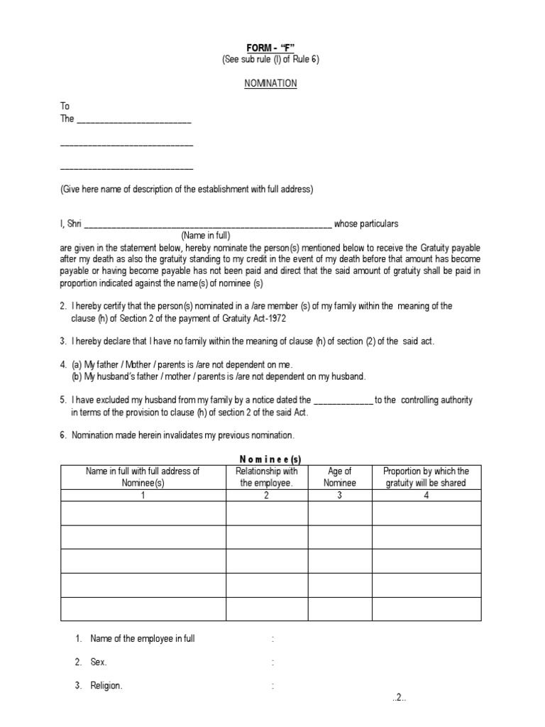 Gratuity Nomination Form Template | PDF | Gratuity | Common Law