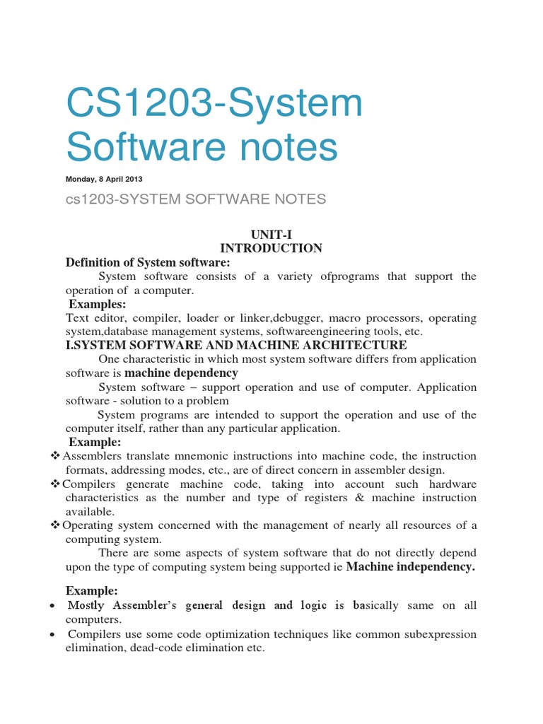 System Software Notes | PDF | Assembly Language | Computer Program