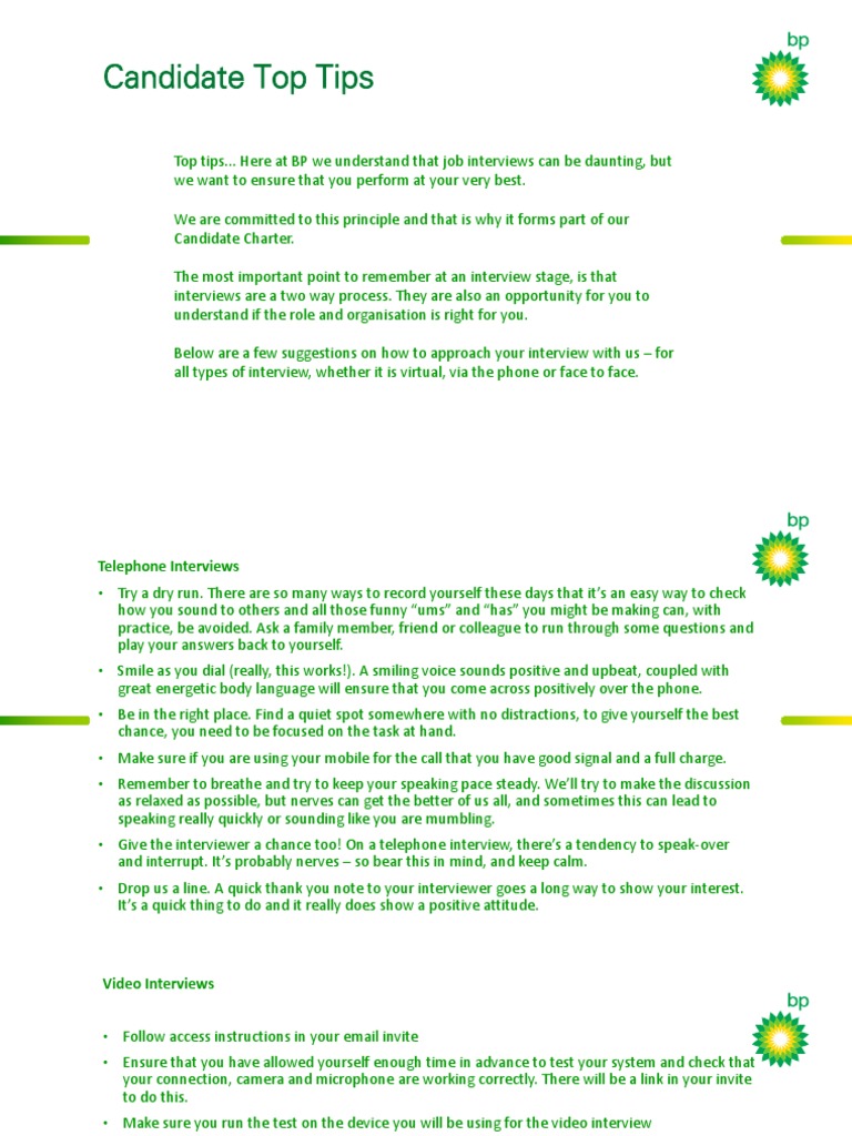 Careers BP Candidate Support Top Tips | PDF | Understanding | Interview