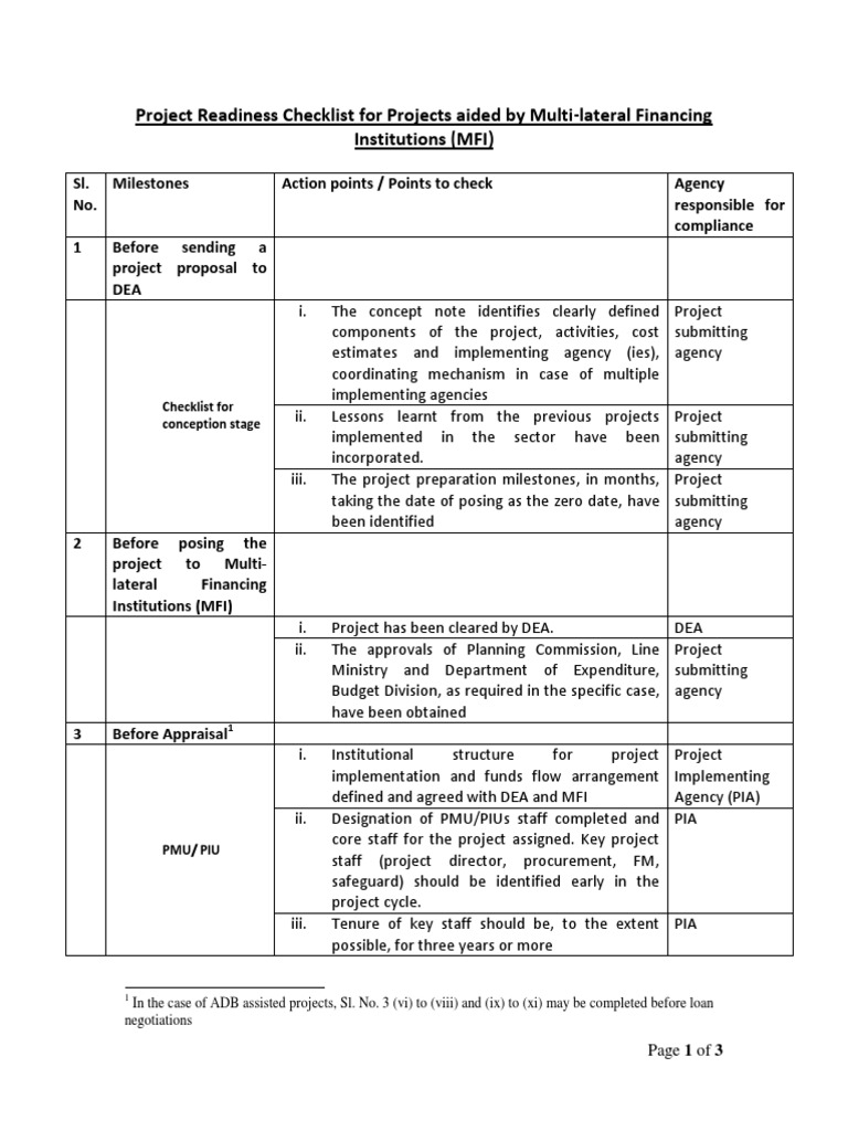 Project Readiness Checklist For Projects Aided by Multi-Lateral ...