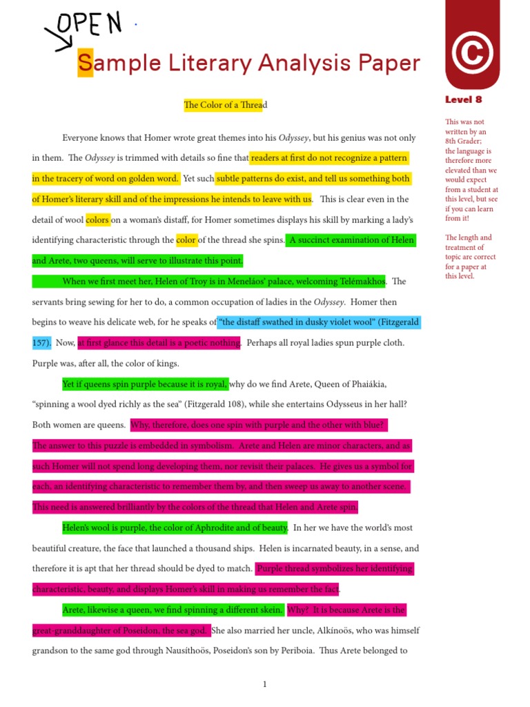 Sample Literary Analysis Paper: Level 8 | PDF | Yarn | Odyssey