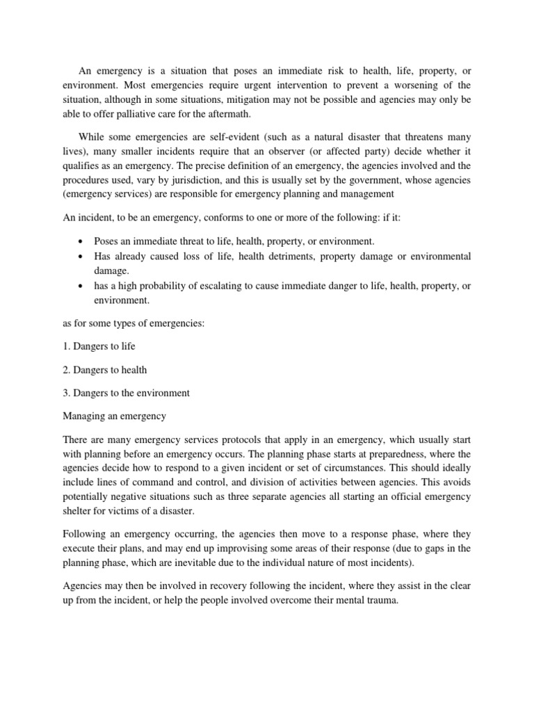 An Emergency Is A Situation That Poses An Immediate Risk To Health ...