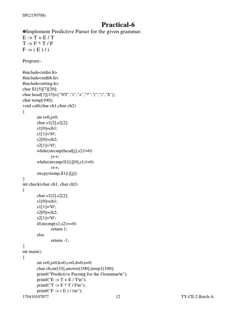 Practical-6: Implement Predictive Parser For The Given Grammar. E - T ...
