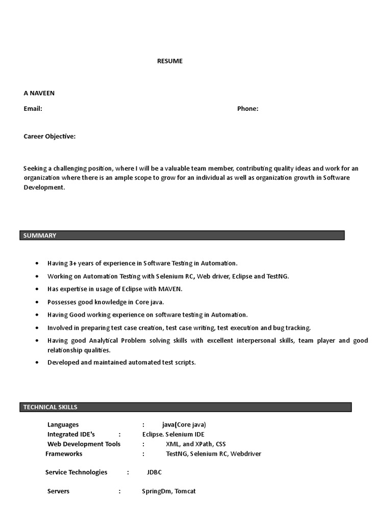 Sample Automation Resume | PDF | Selenium (Software) | Software Testing