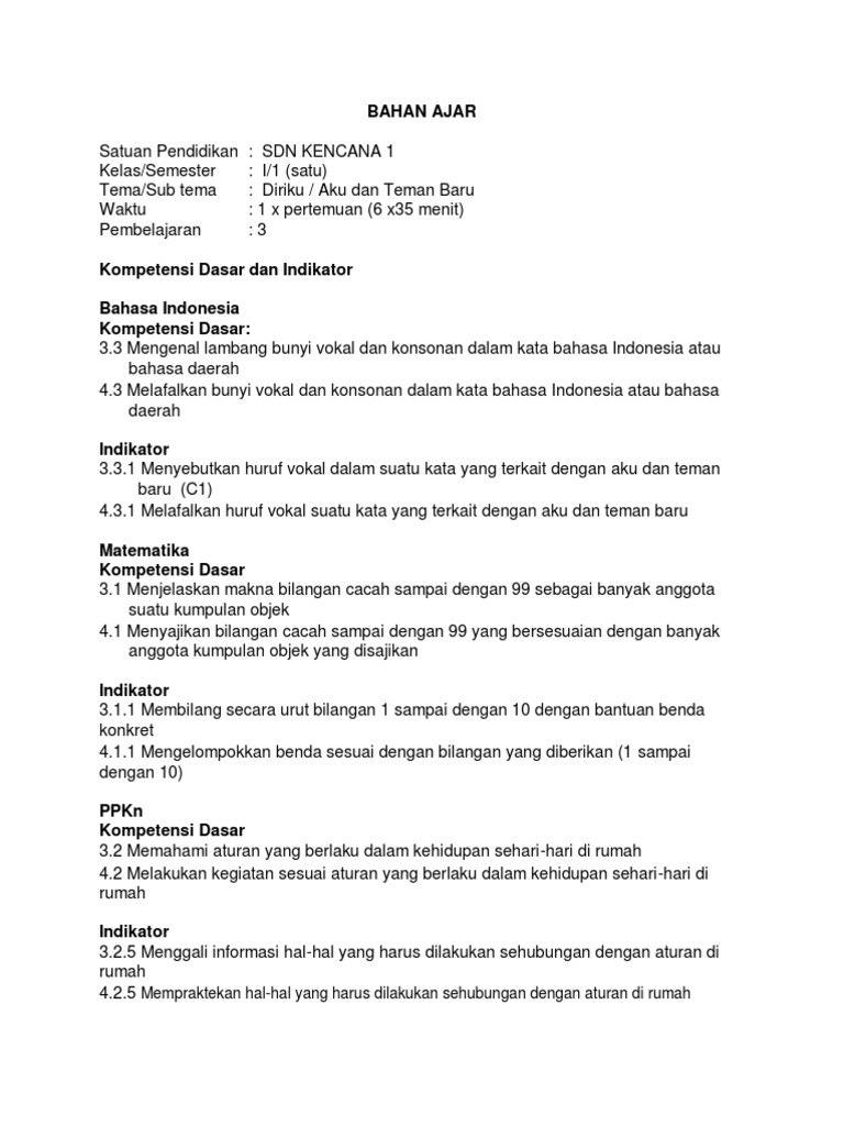 Bahan Ajar Kelas 1 Tema 1 Subtema 1 Pembelajaran 3 - Alfi Nurhasanah, S ...