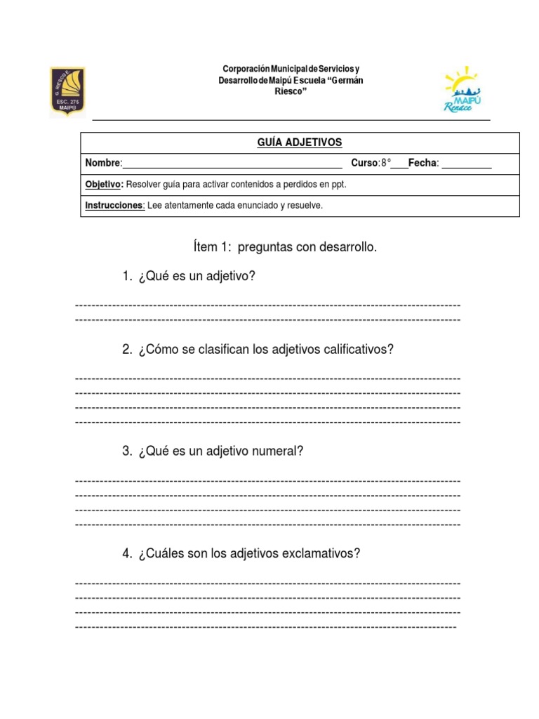 Guía de Adjetivos para 8° Básico | PDF | Adjetivo | Relaciones sintácticas