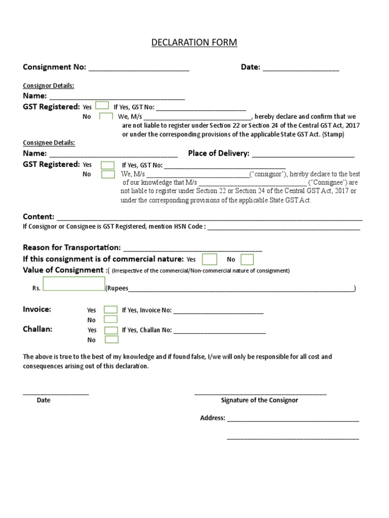 Declaration Form: Consignment No: Date: Name: GST Registered | PDF ...
