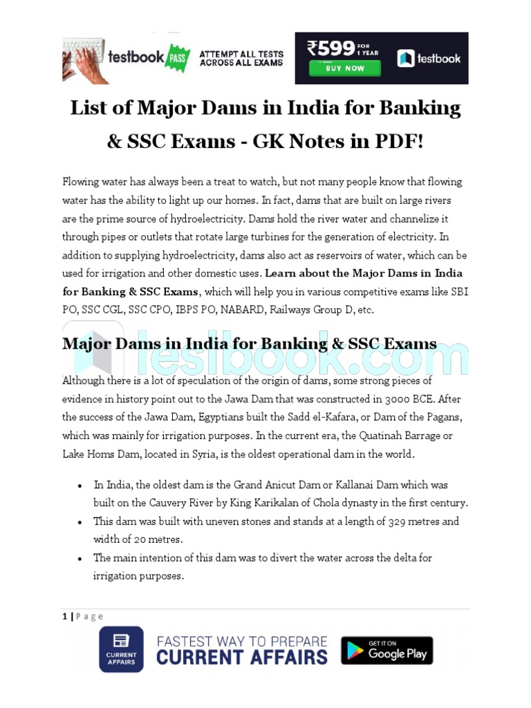 List of Major Dams in India For Banking SSC Exams GK Notes in PDF | PDF ...