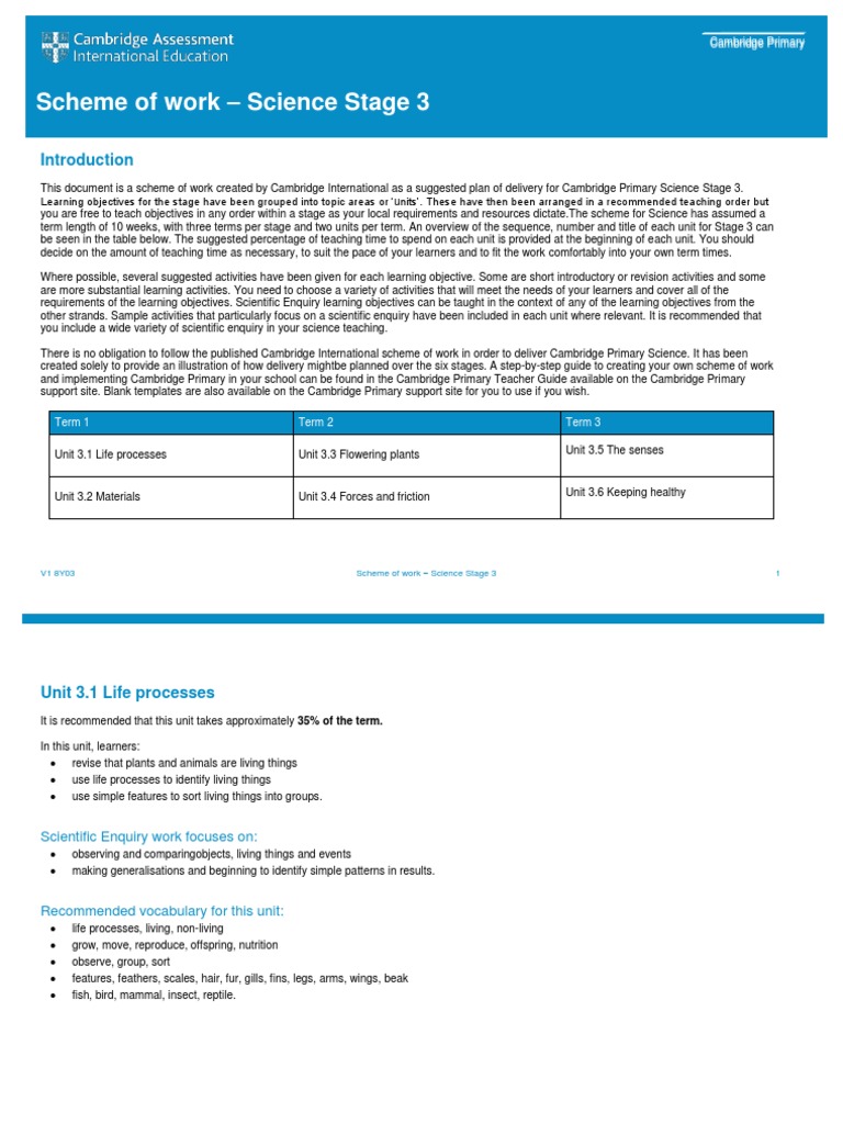 Cambridge Primary Science Stage 3 Plan | PDF | Scientific Method | Ice
