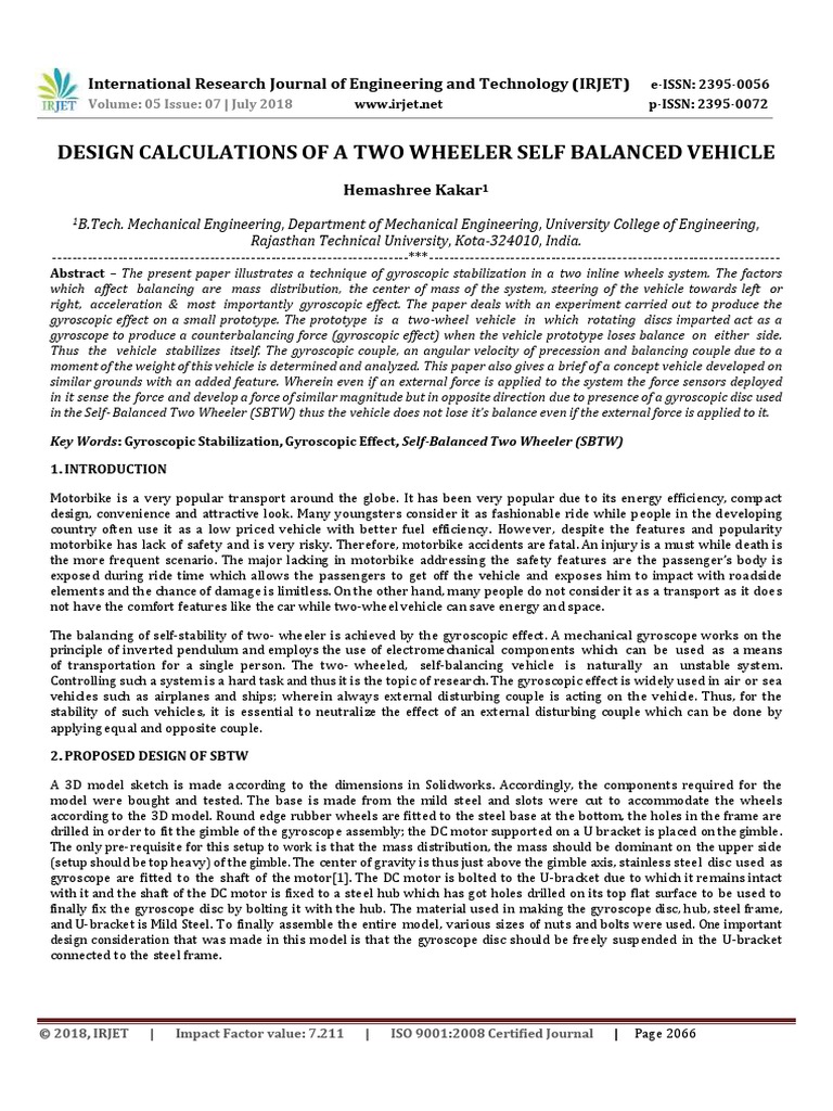 Design Calculations of A Two Wheeler Self Balanced Vehicle | PDF ...