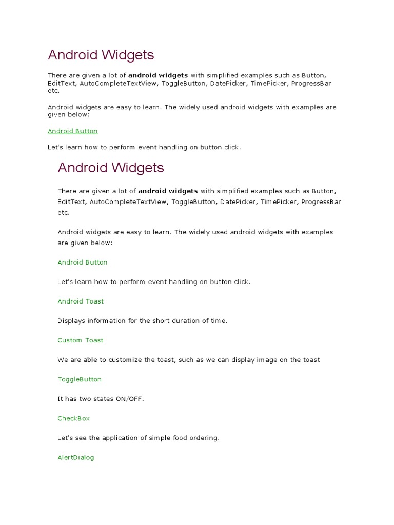 Android Widgets | PDF | Class (Computer Programming) | Android (Operating System)