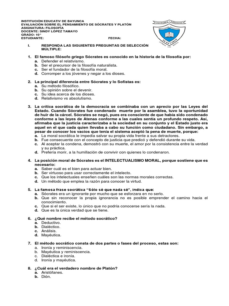 Evaluación Sobre Sócrates y Platón | PDF | Sócrates | Platón