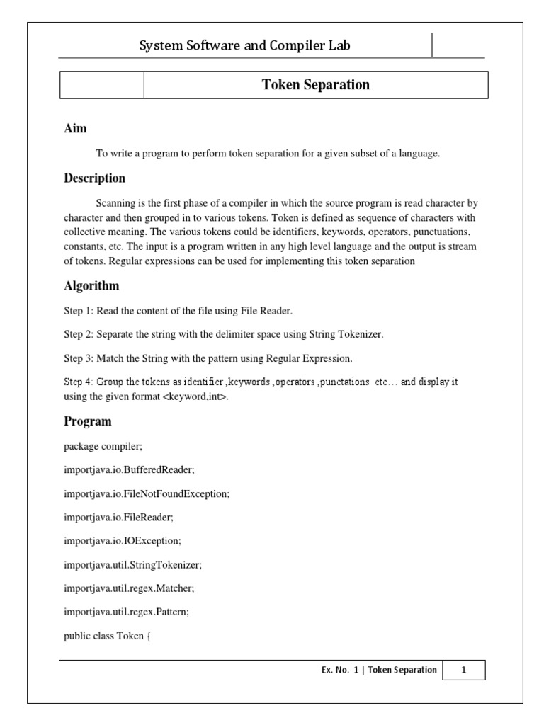 System Software and Compiler Lab: Token Separation | PDF | Compiler | String (Computer Science)