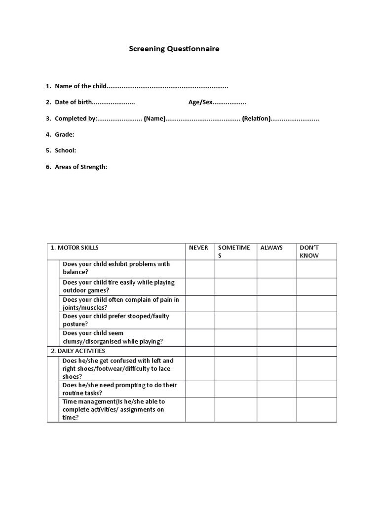 Child Development Screening Questionnaire | PDF | Speech | Cognition