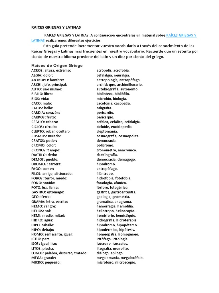 Raíces Griegas y Latinas en Vocabulario | PDF | Salud y bienestar ...