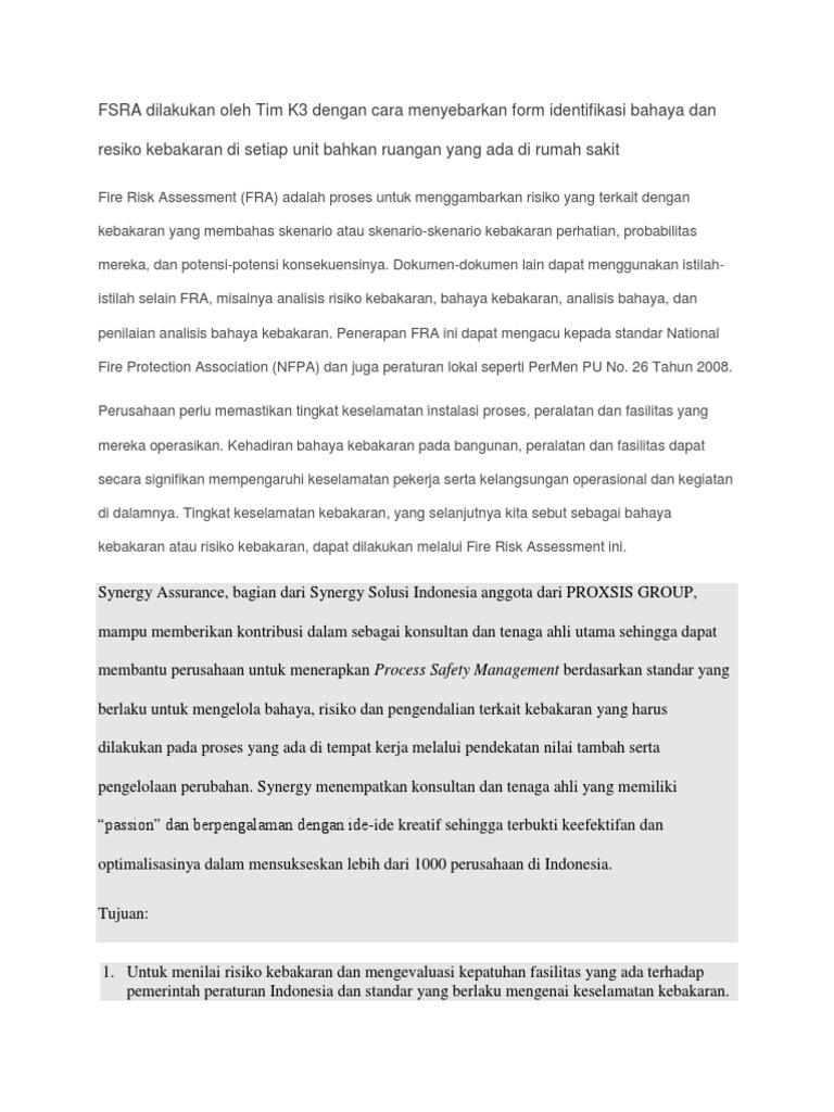 Formulir Fire Safety Risk Assesment (FSRA) Rumah Sakit: Penjelasan dan Contoh SOP Pelaksanaannya ...
