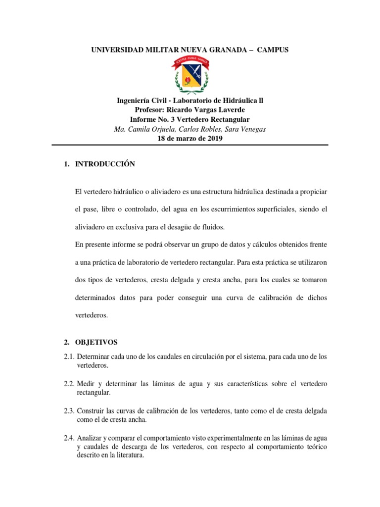 Lab No. 3 Hidraulica LL Vertedero Rectangular | PDF | Descarga ...