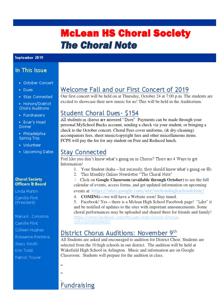 October 2019 Choral Note Newsletter | PDF | Choir | Facebook