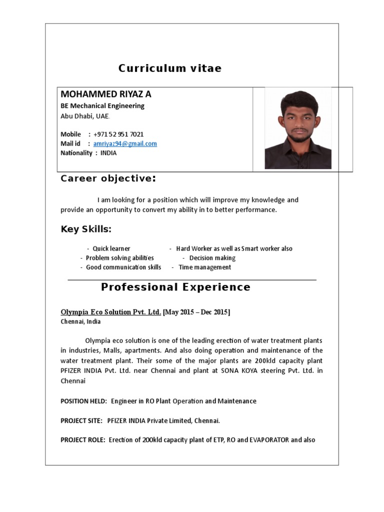 Curriculum Vitae Mohammed Riyaz A: Career Objective | PDF | Water Heating | Hvac