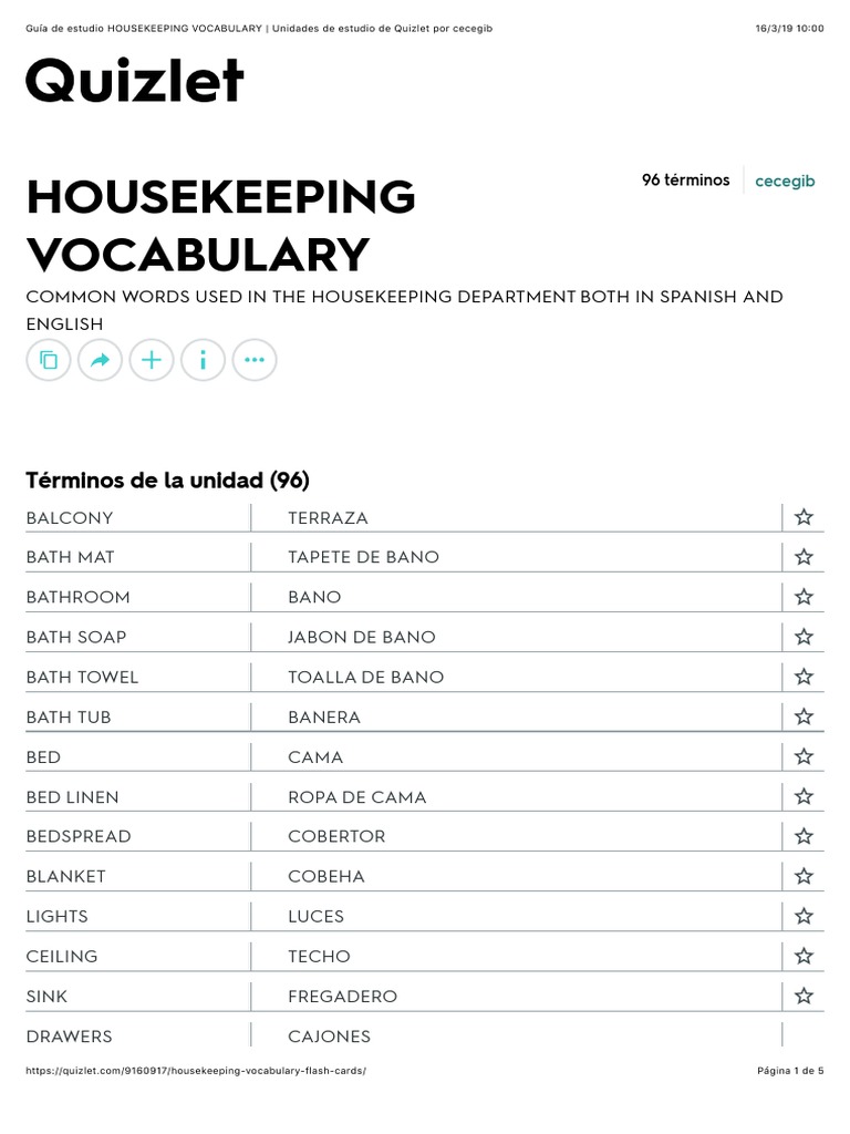 Vocabulario de Housekeeping en Inglés y Español | PDF | Alimentos