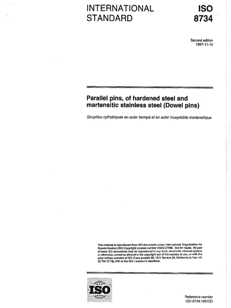 ISO 8734 Pararell Pins, of Hardene Steel (Dowels) | PDF