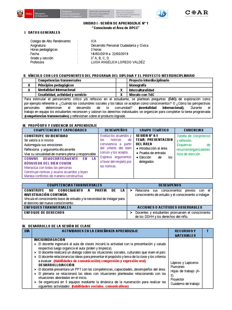 Sesion 1 Dpcc Tercer Año | Creatividad | Evaluación