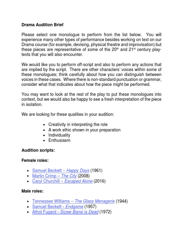 Drama Audition Materials PDF | PDF | Art