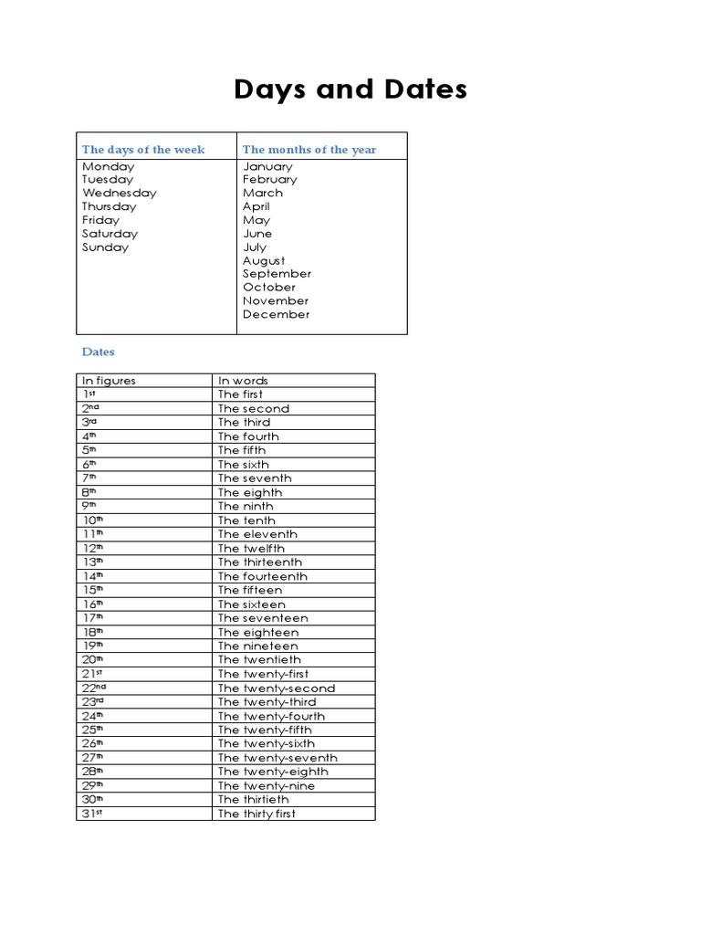Days and Dates: The Days of The Week The Months of The Year | PDF ...