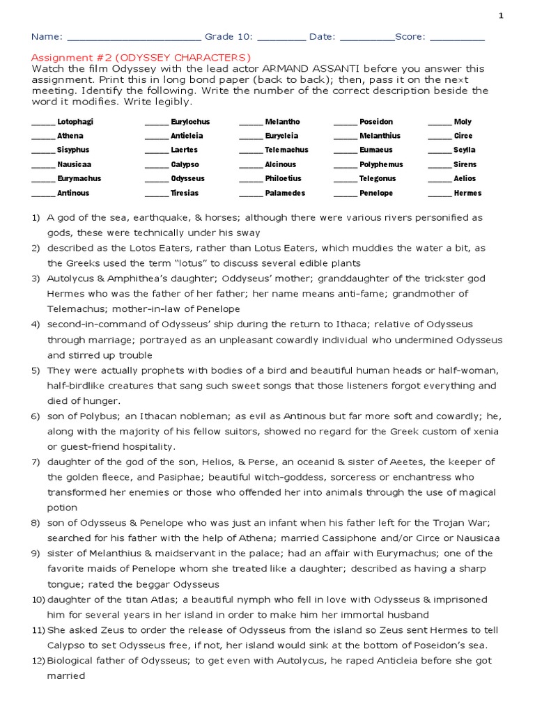 Assignment #2 (ODYSSEY CHARACTERS) : Name: - Grade 10: - Date: - Score ...