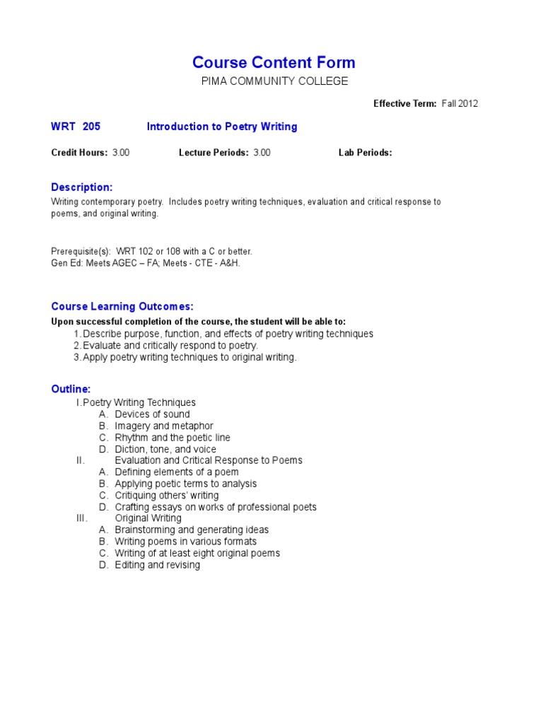 Course Content Form: WRT 205 Introduction To Poetry Writing | PDF