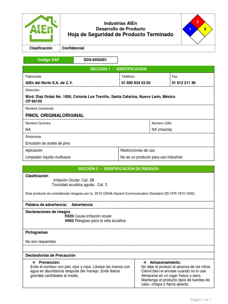 Hoja De Seguridad Pinol Alen Msds Dióxido De Carbono Agua