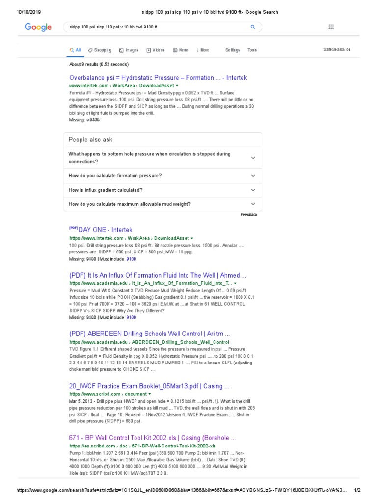 Sidpp 100 Psi Sicp 110 Psi V 10 BBL TVD 9100 FT - Google Search | PDF ...