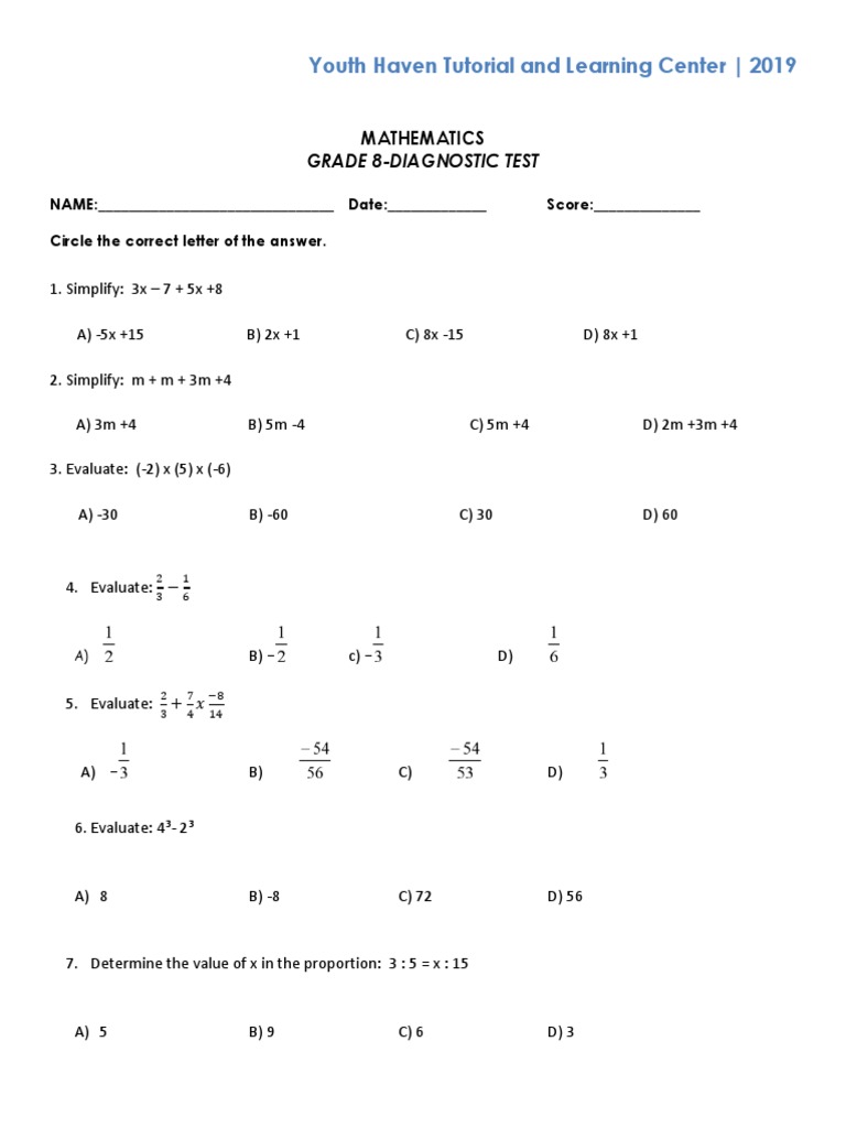 Diagnostic Test-Grade 8 | PDF | Mathematical Objects | Teaching Mathematics