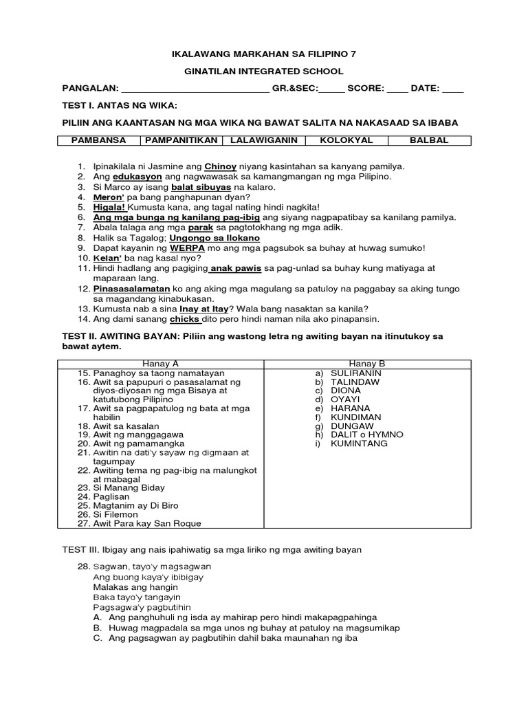 Ikalawang Markahan Sa Filipino 7 | PDF