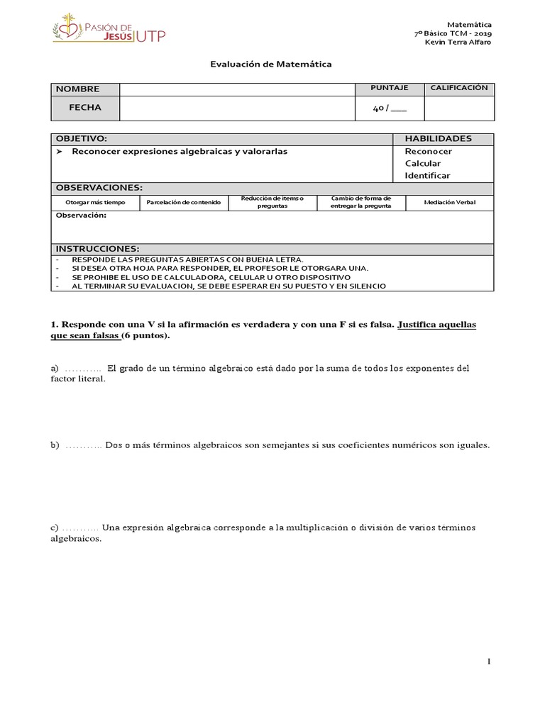 7º TCM Algebra | PDF | Fórmula | Enseñanza de matemática