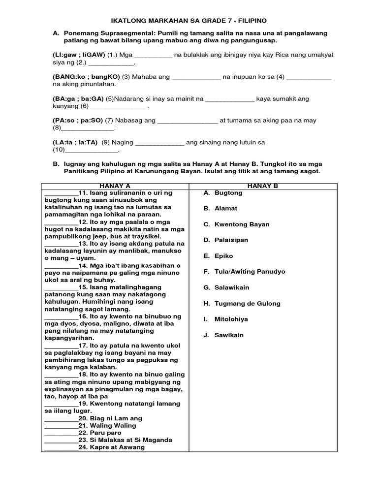Filipino 7 Third Grading Exam | PDF
