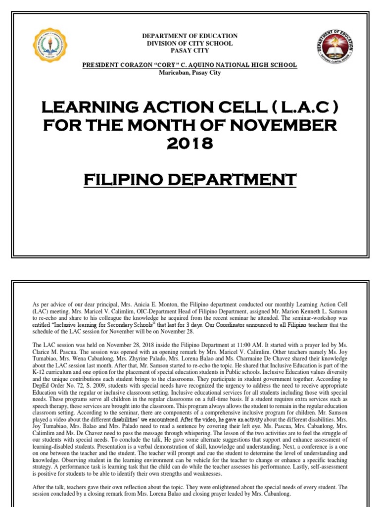 Learning Action Cell (L.A.C) For The Month of November 2018 Filipino ...