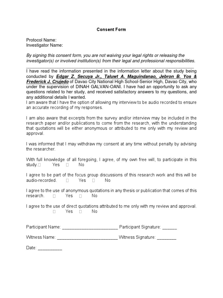 Consent Form | PDF | Focus Group | Interview