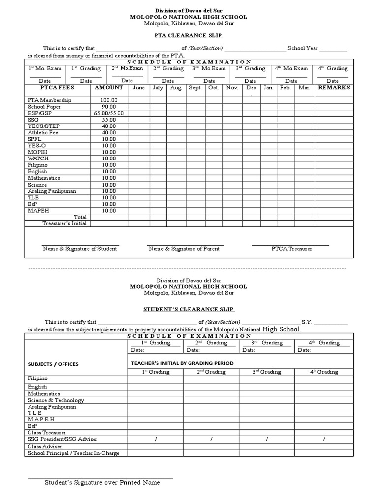 Clearance Slip For The Pta - Molopolo Nhs | PDF | Learning | Behavior ...
