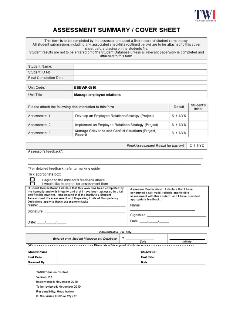 Assessment Summary / Cover Sheet: BSBWRK510 Manage Employee Relations ...