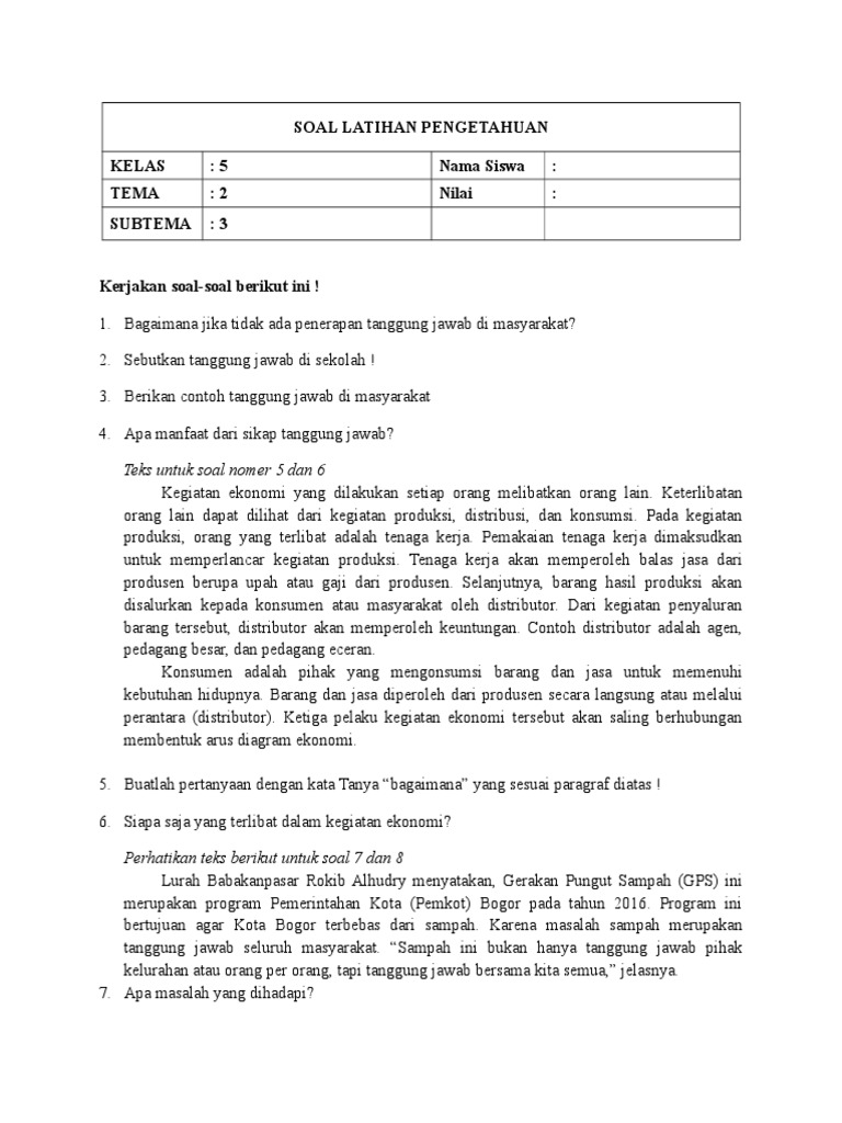 Soal Latihan Pengetahuan Tema 2 Sub 3 Kelas 5 | PDF