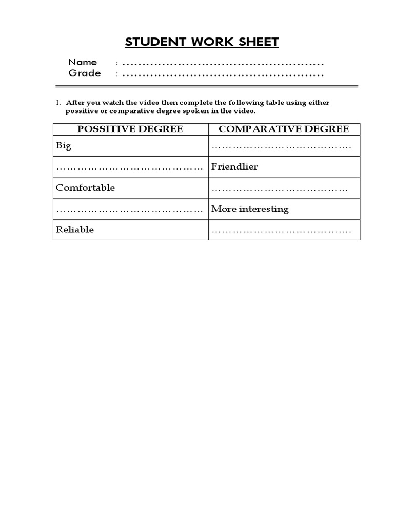 Comparative Degree Worksheet | PDF