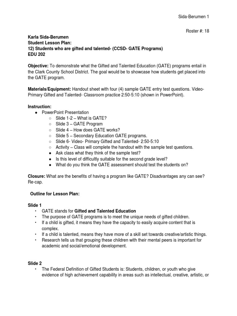 Gate Lesson Plan | PDF | Gifted Education | Intellectual Giftedness