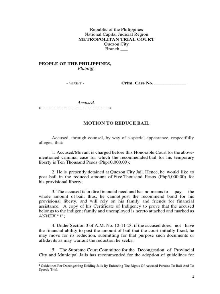 Motion For Reduction of Bail | PDF | Bail | Courts