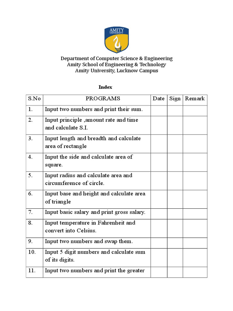 Index of Lab Programs (Amity University 1st Semester) | PDF | Matrix ...